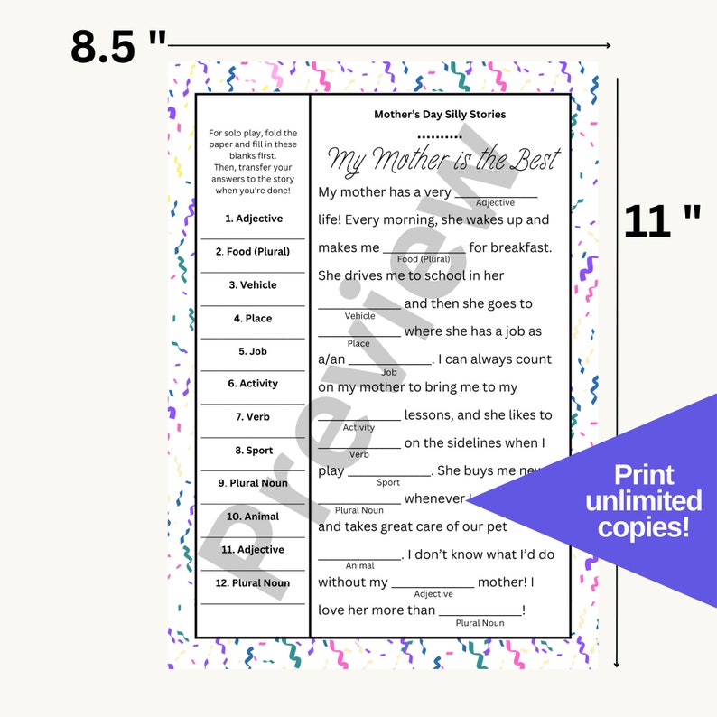 Mother's Day Fill-in-blank Game: 3 Silly Stories for Kids (PDF) - Etsy