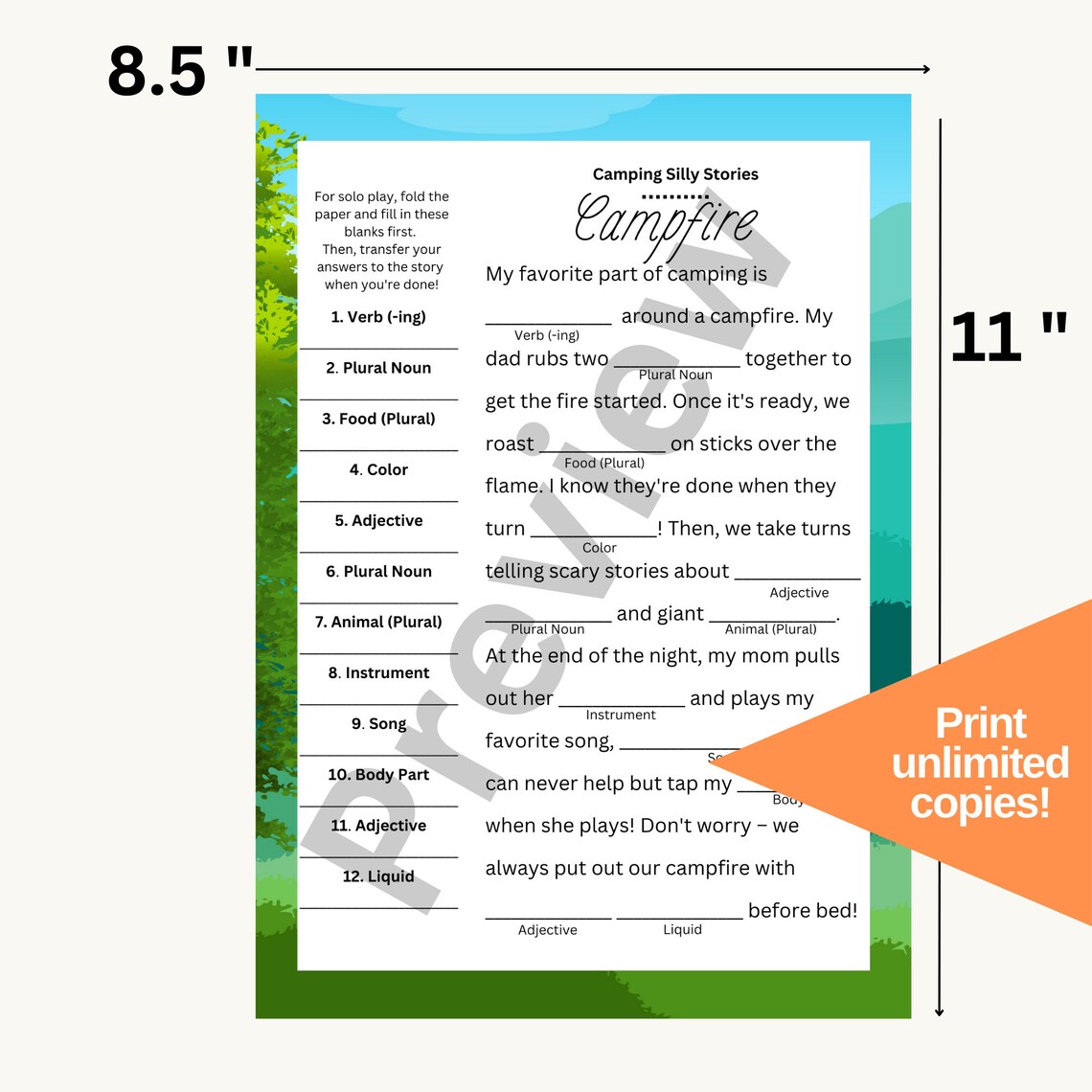 Camping Game for Kids Inspired by Mad Libs Fill-in-the-blank Grammar ...