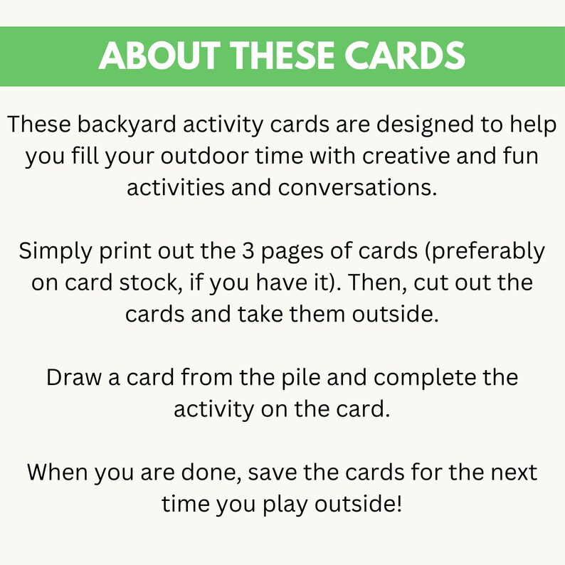 Outdoor Play Activity Cards for Kids Boredom Buster Printable Cards 24 ...
