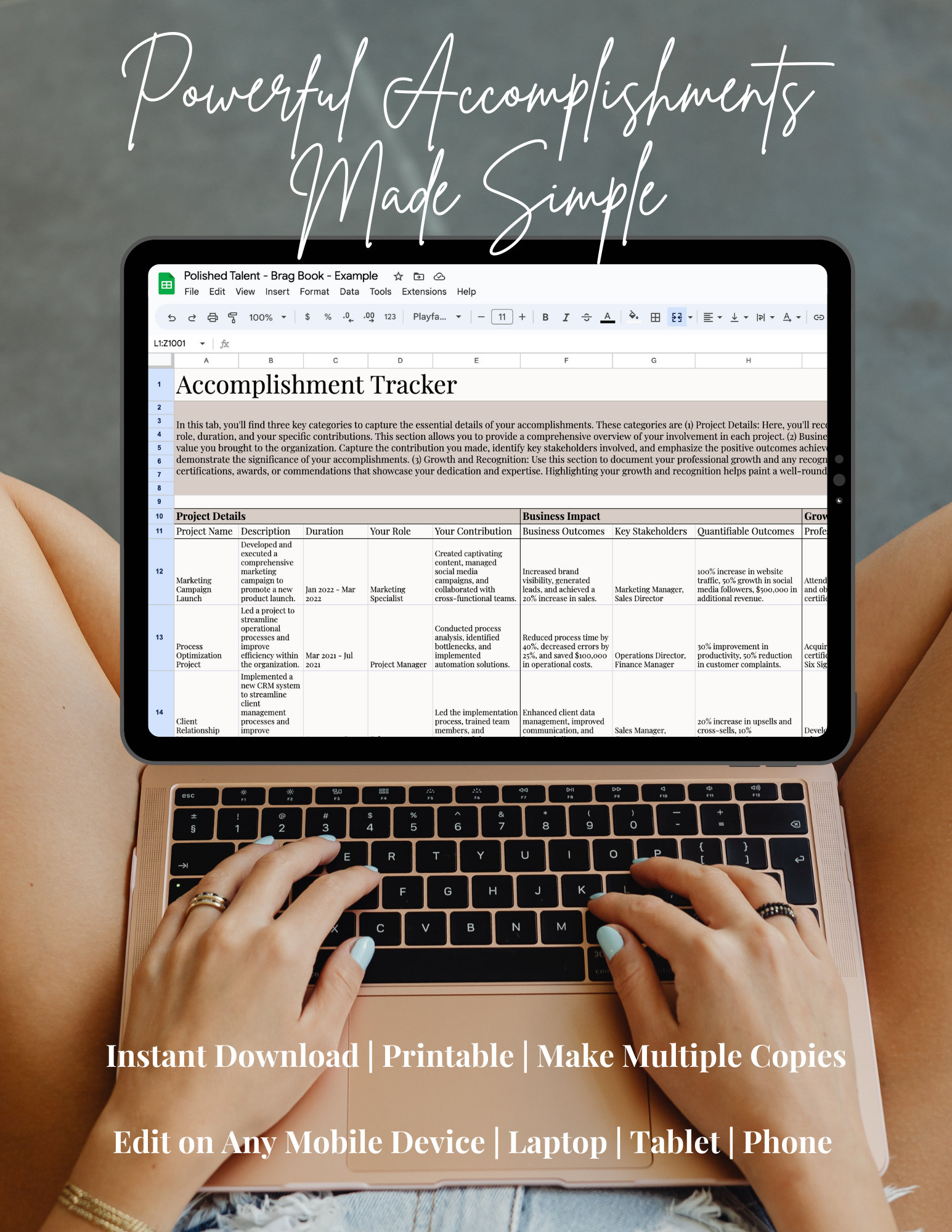 Career Brag Book Spreadsheet | Accomplishment Tracker (google & Excel ...