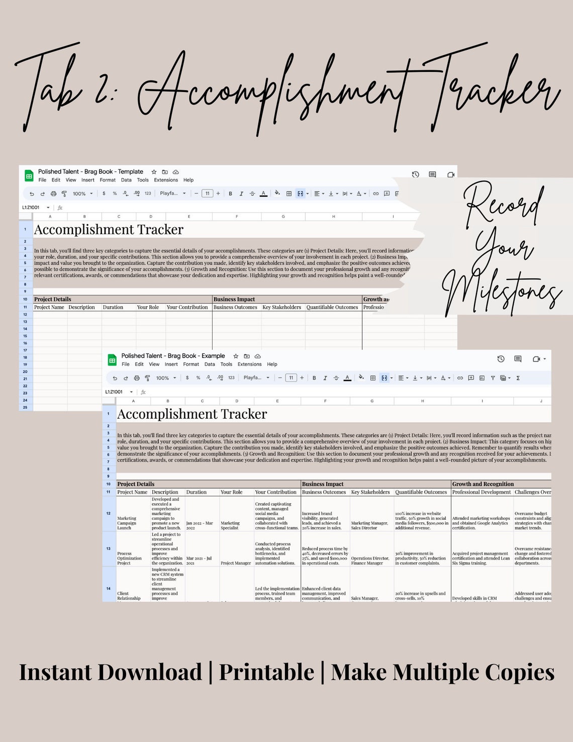 Career Brag Book Spreadsheet | Accomplishment Tracker (google & Excel ...