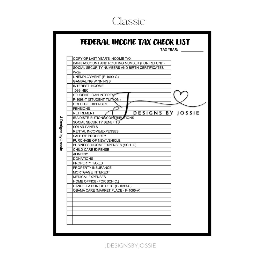 Federal Income Tax Check List - Etsy