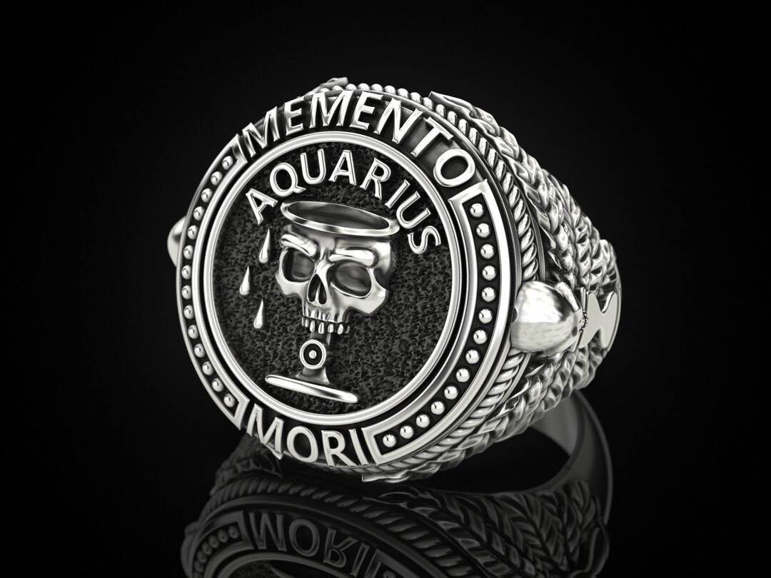 Aquarius Memento Mori Ring for Men, Skull Mens Signet Ring in Sterling ...