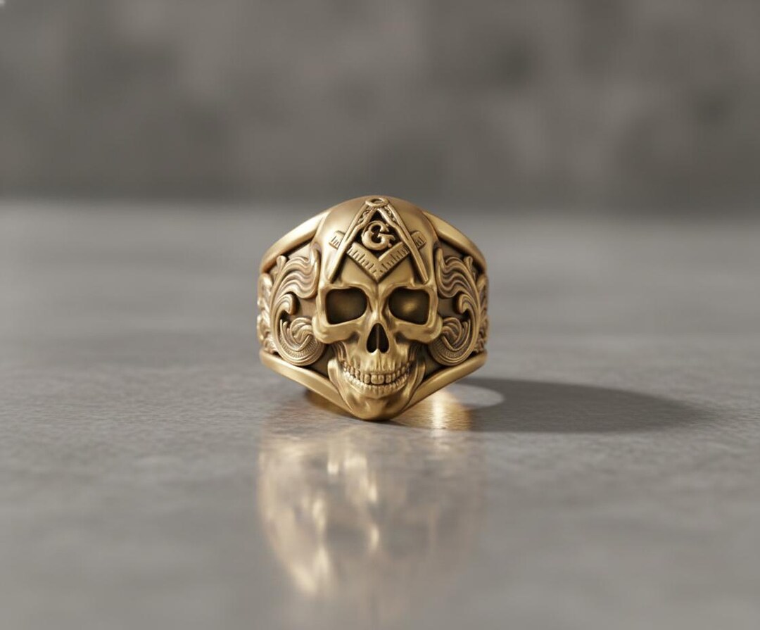 Gold Vermeil Mason Skull Ring, Luxury Masonic Jewelry 18K Gold, Premium ...