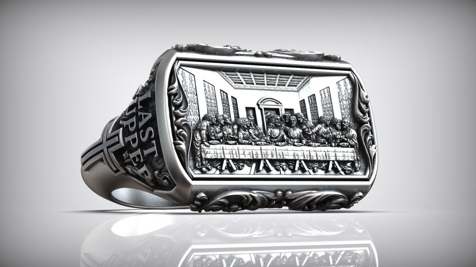 Jesus Christ the Last Supper Leonardo Pattern Signet 925 Sterling ...