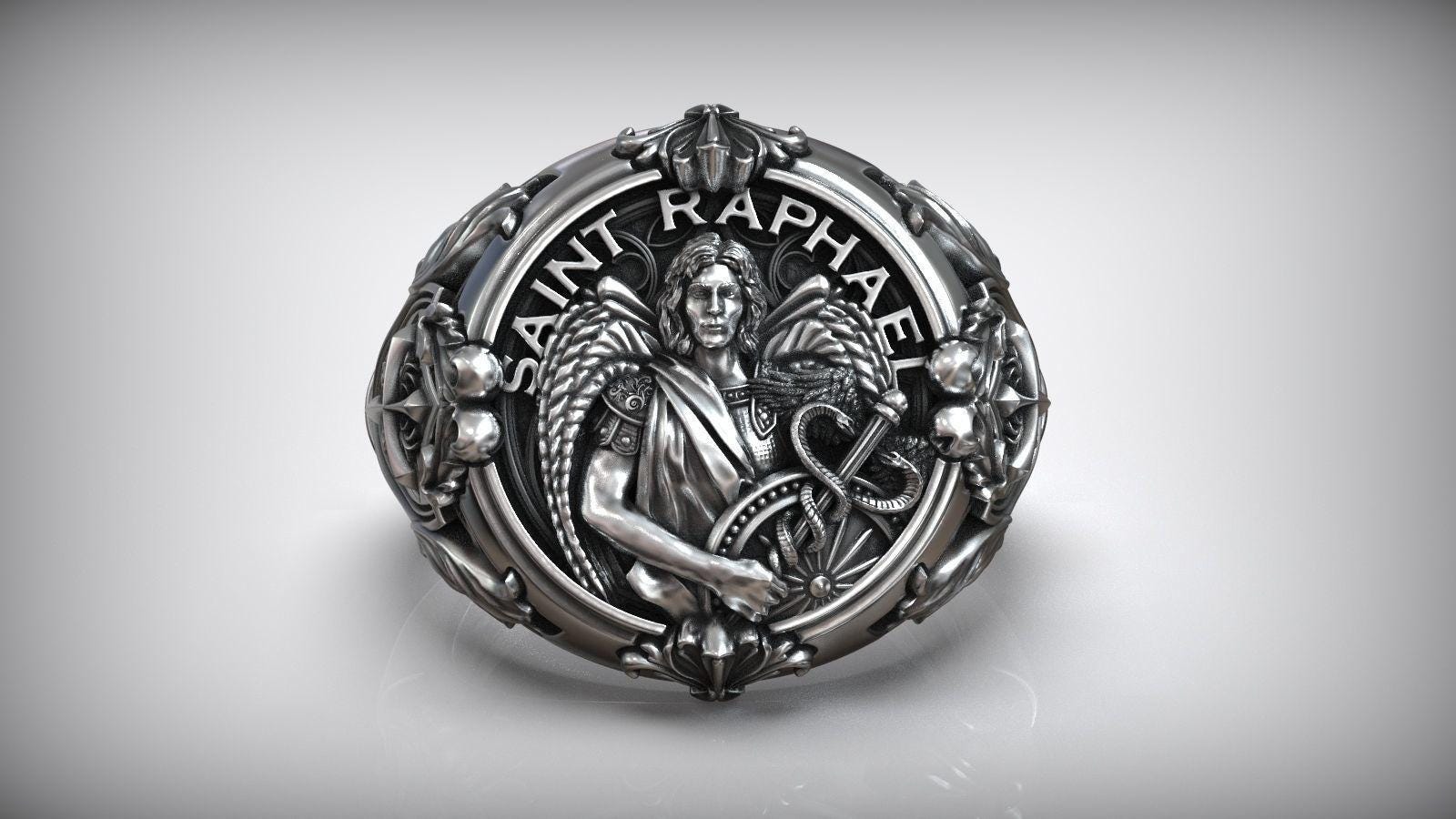 Saint Raphael Archangel Ring, Caduceus Shield Spear Christian Jewelry ...