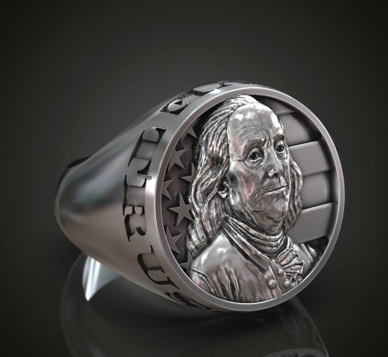 Ring Benjamin Franklin USA Flag 925 Sterling Silver Adjustable Unique ...