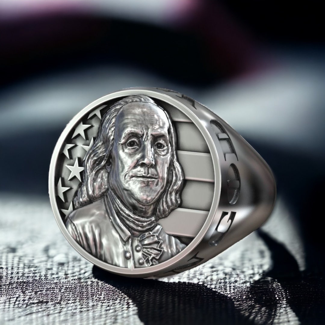 Ring Benjamin Franklin USA Flag 925 Sterling Silver Adjustable Unique ...