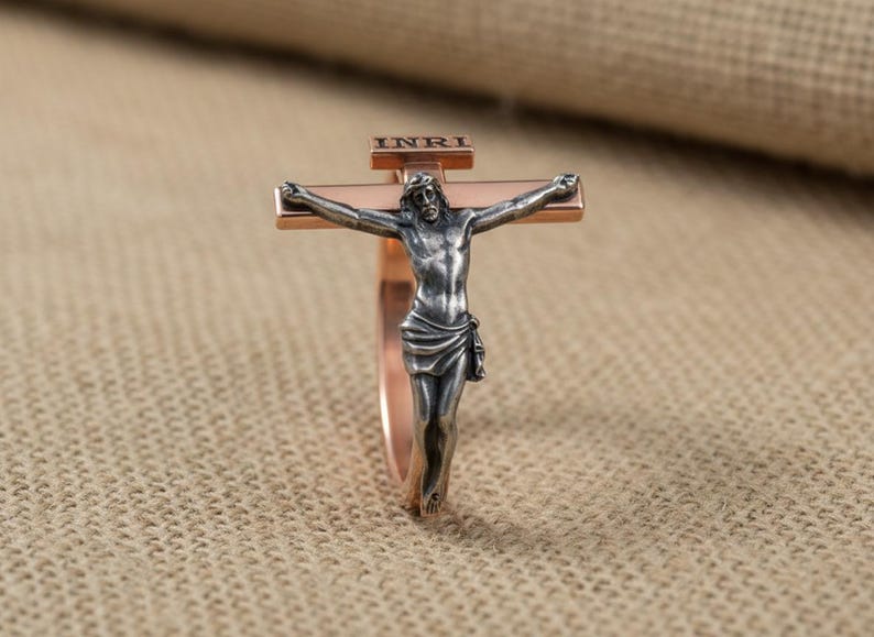 Jesus Crucifix Ring 925 Sterling Silver Gold Vermeil Oxidized Finish ...