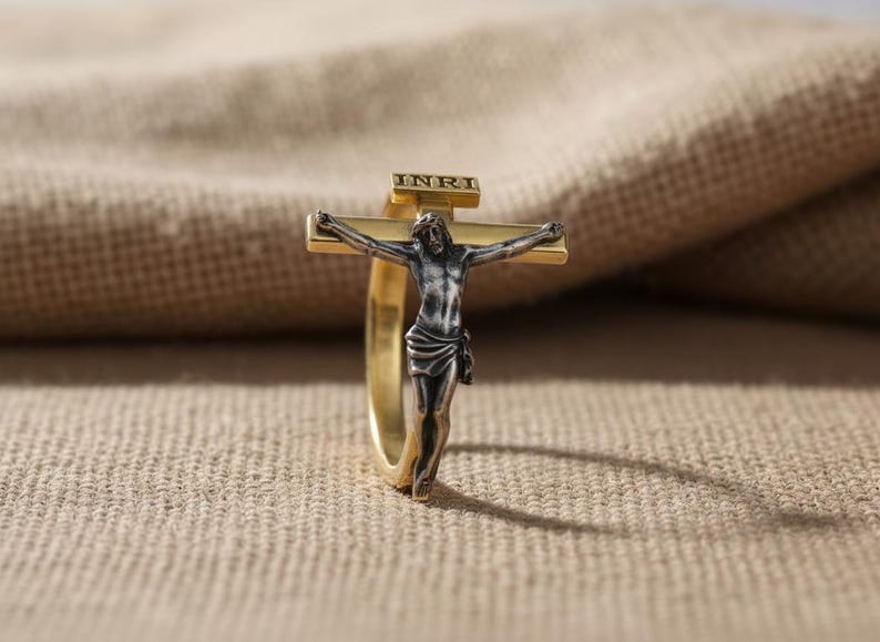 Jesus Crucifix Ring 925 Sterling Silver Gold Vermeil Oxidized Finish ...