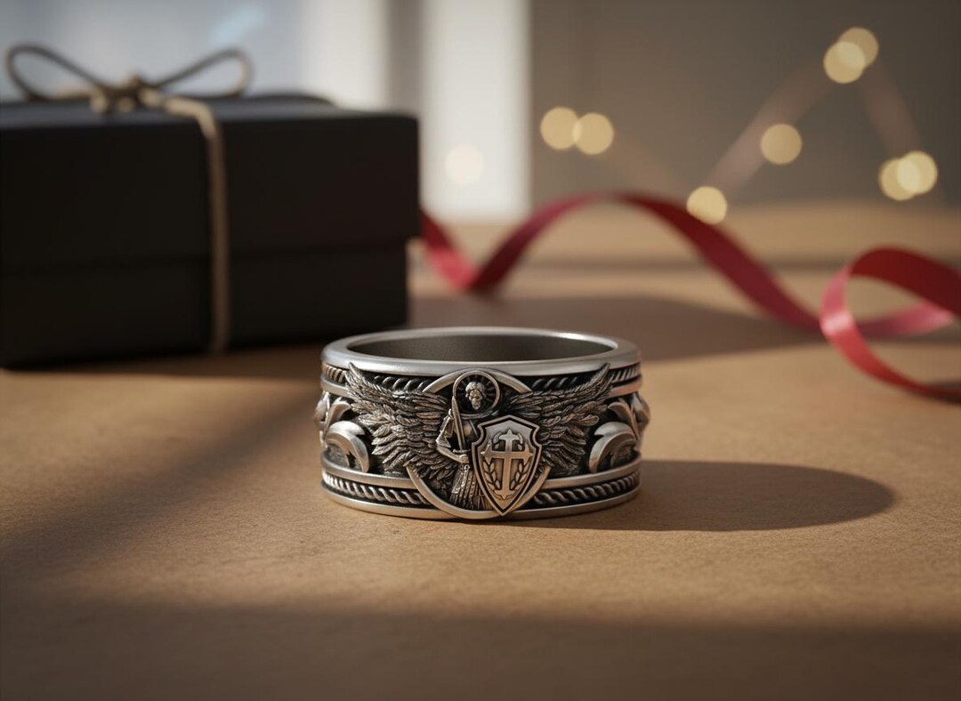 St Michael Archangel Ring 925 Sterling Silver Oxidized Finish Baroque ...
