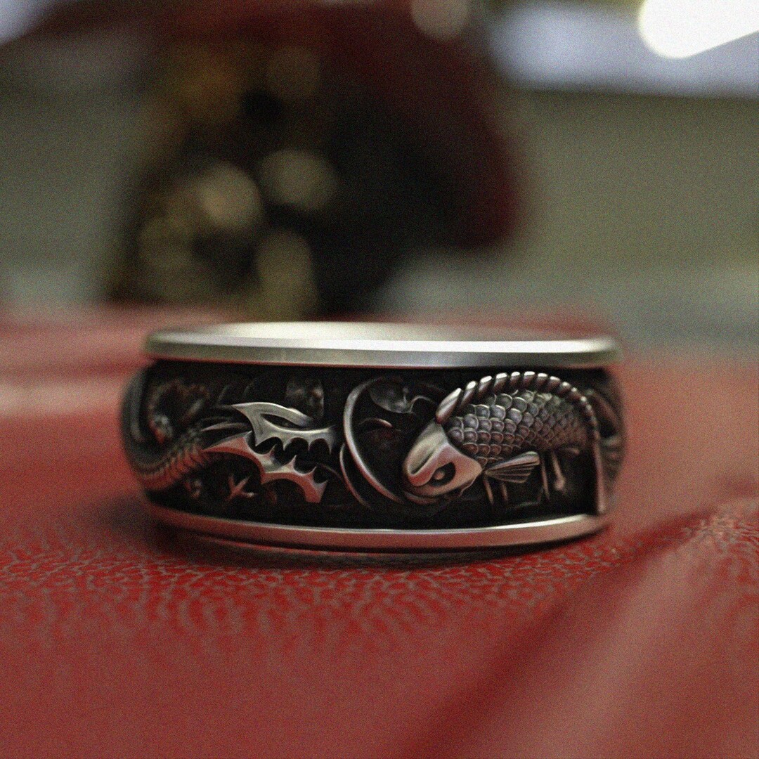 Dragon VS Koi Carp Fish Japanese Traditional Pattern Ring 925 Sterling ...
