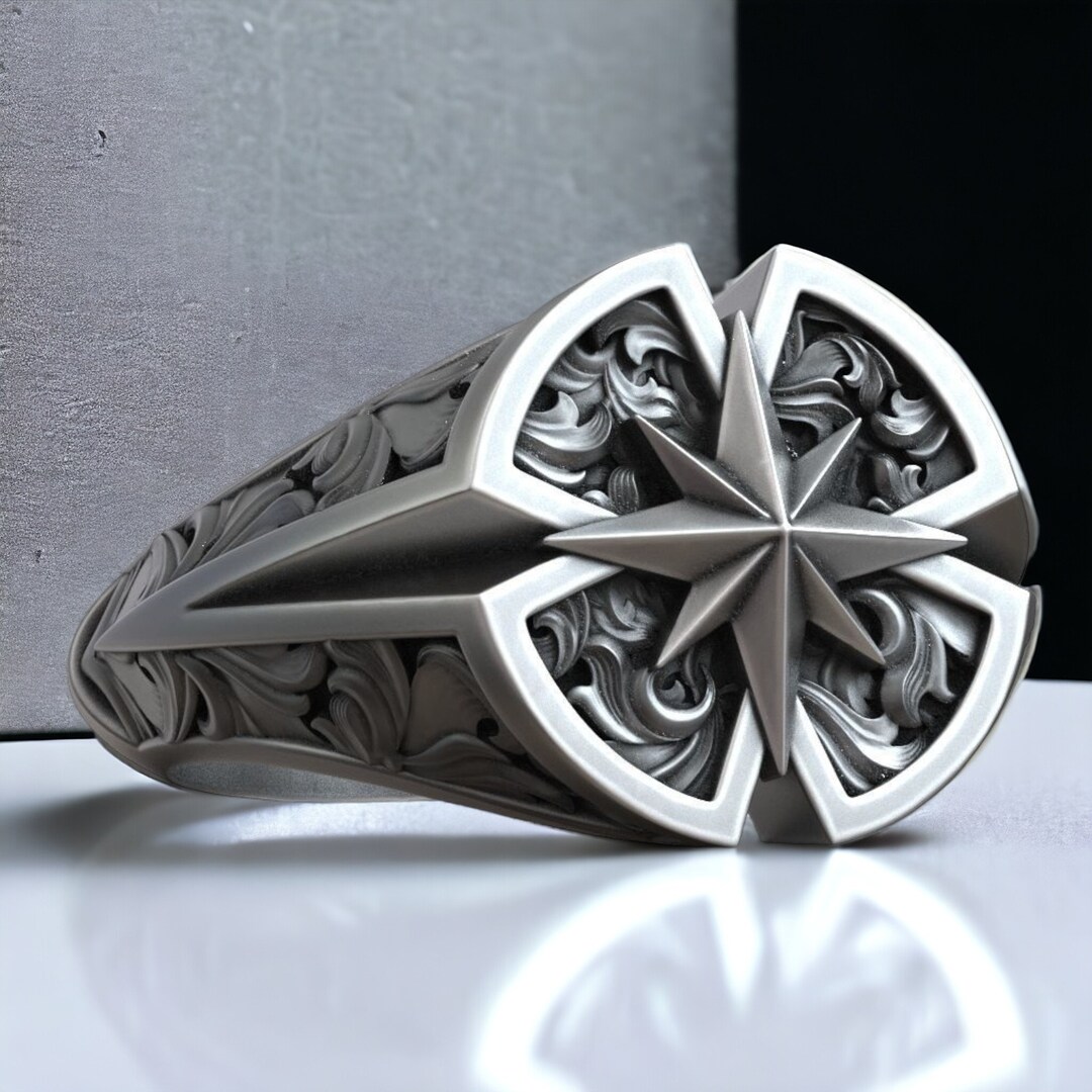 Windrose Star Compass Traveler Pattern Signet 925 Sterling Silver Ring ...