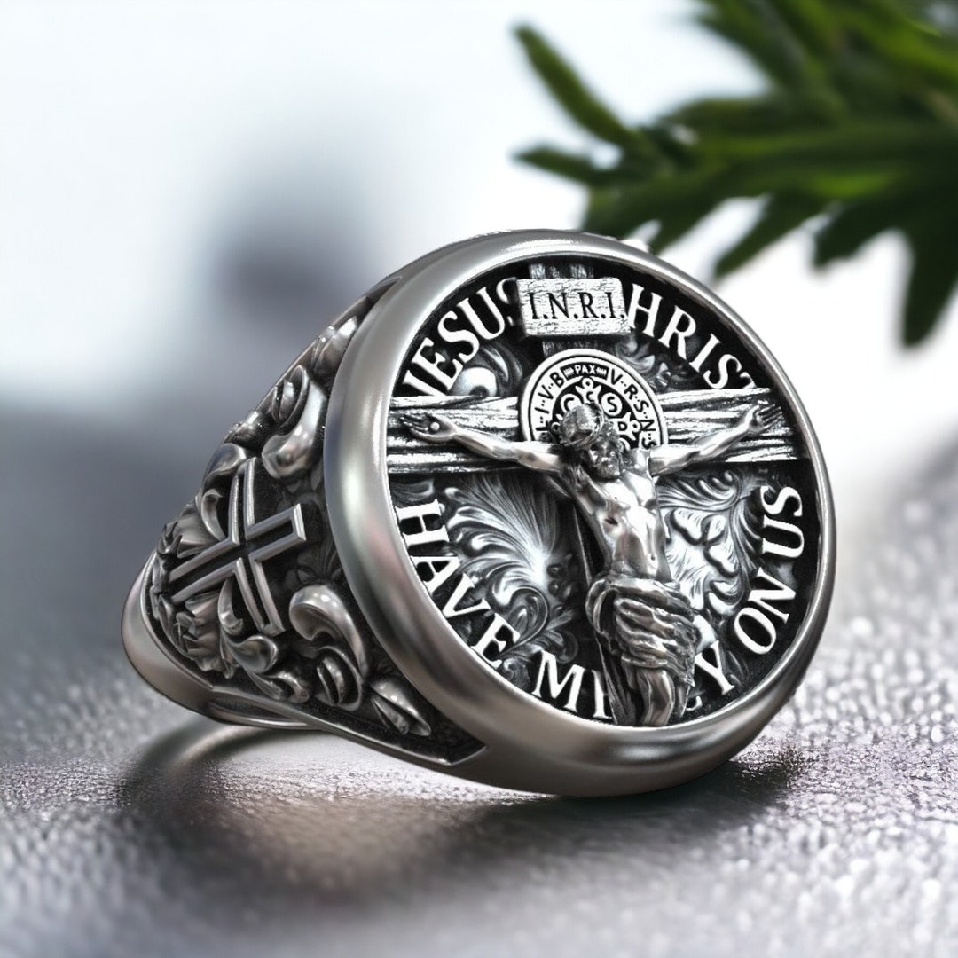 Jesus Christ Catholic Cross Crucifixion Signet 925 Sterling Silver Ring ...