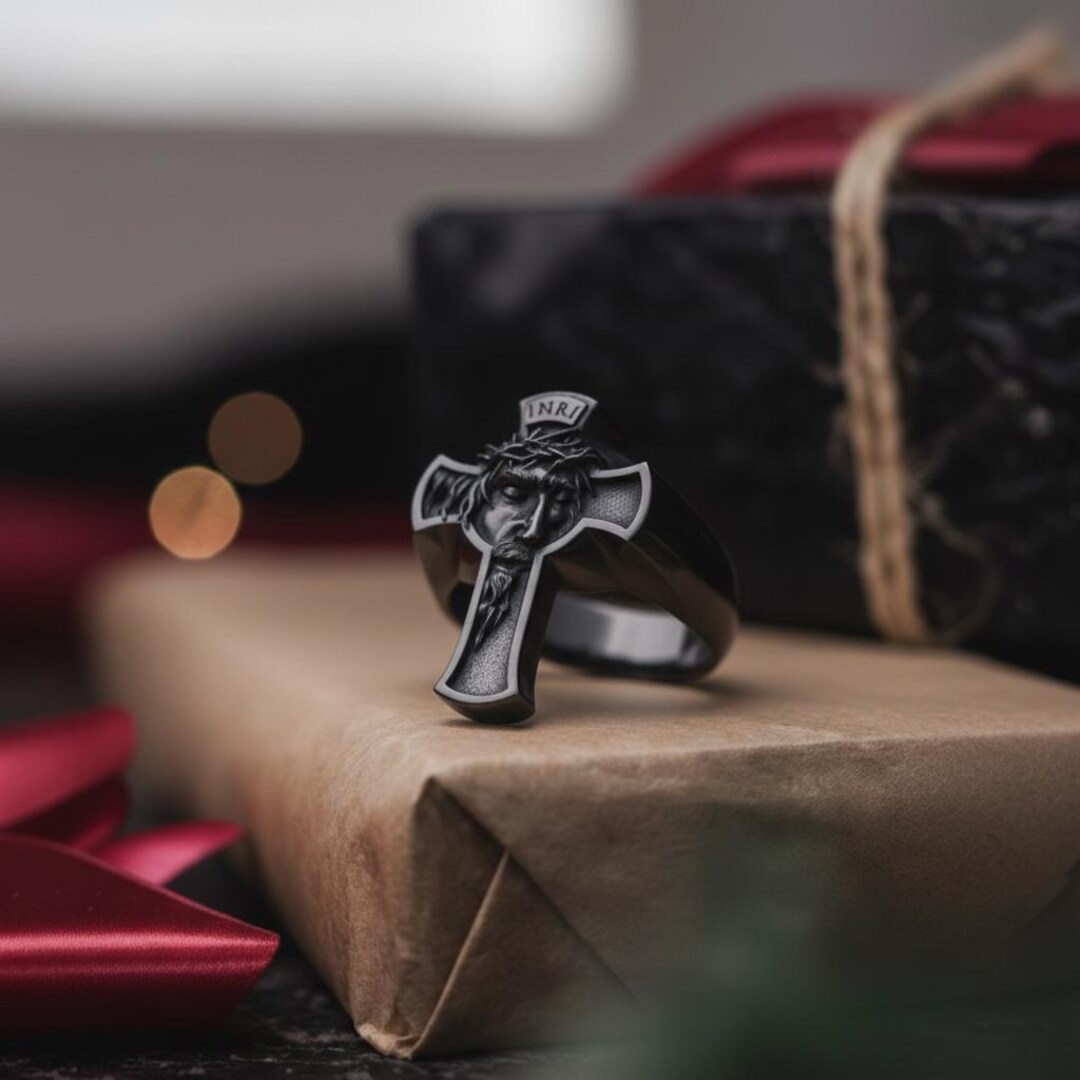Jesus Cross Ring Black Rhodium Silver 925 | INRI Crucifix Ring ...
