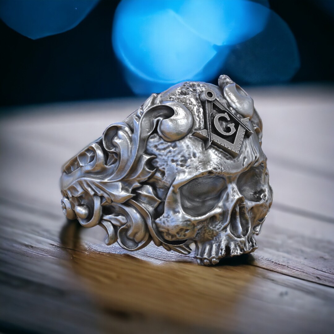 Classical Masonic Ring With a Skull 925 Sterling Silver Adjustable ...