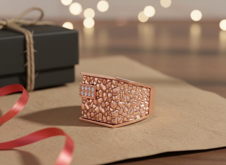 14K Gold Vermeil Nugget Ring 925 Sterling Silver Pebble Texture CZ ...