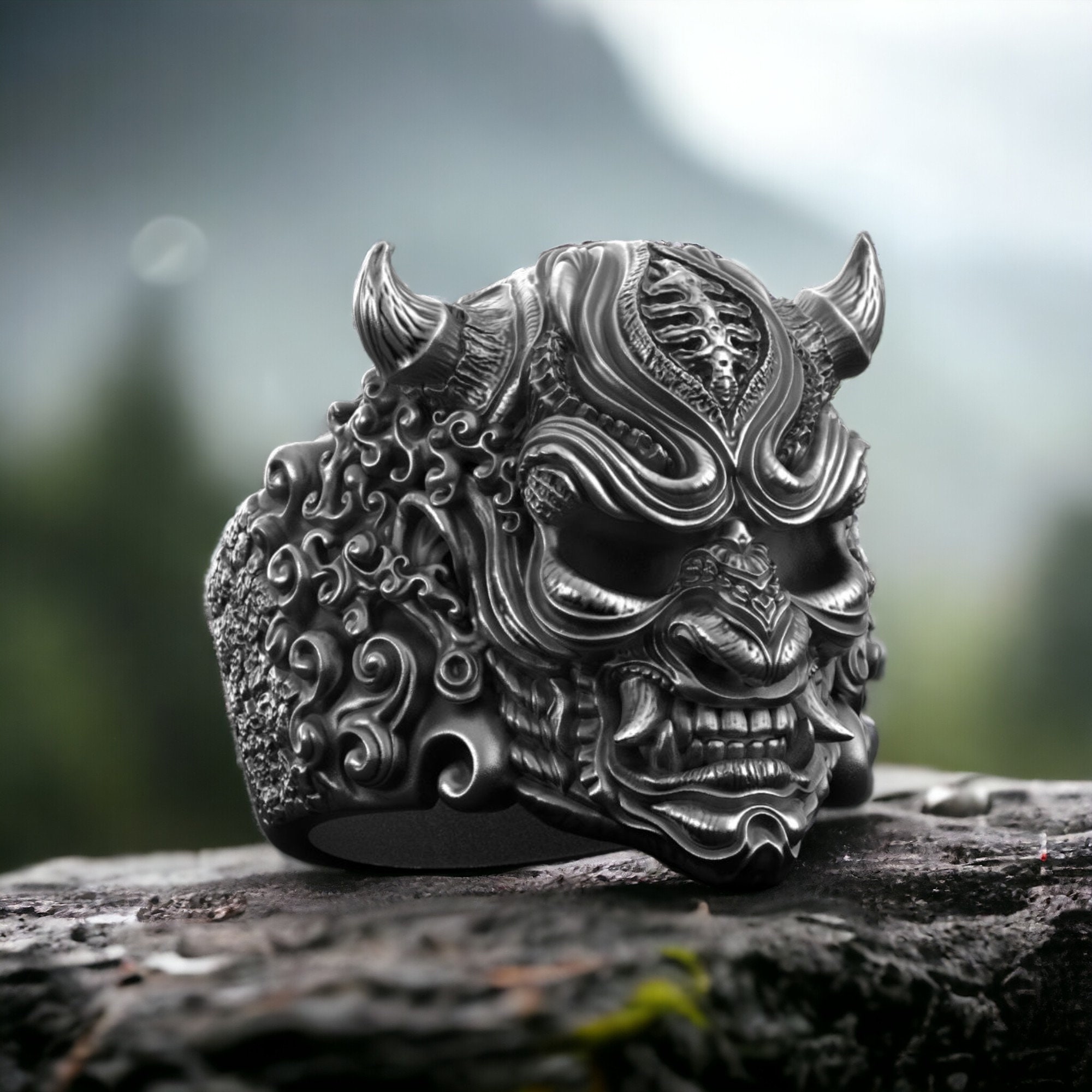 Hannya Oni Mask Ring 925 Sterling Silver Adjustable Unique Design ...