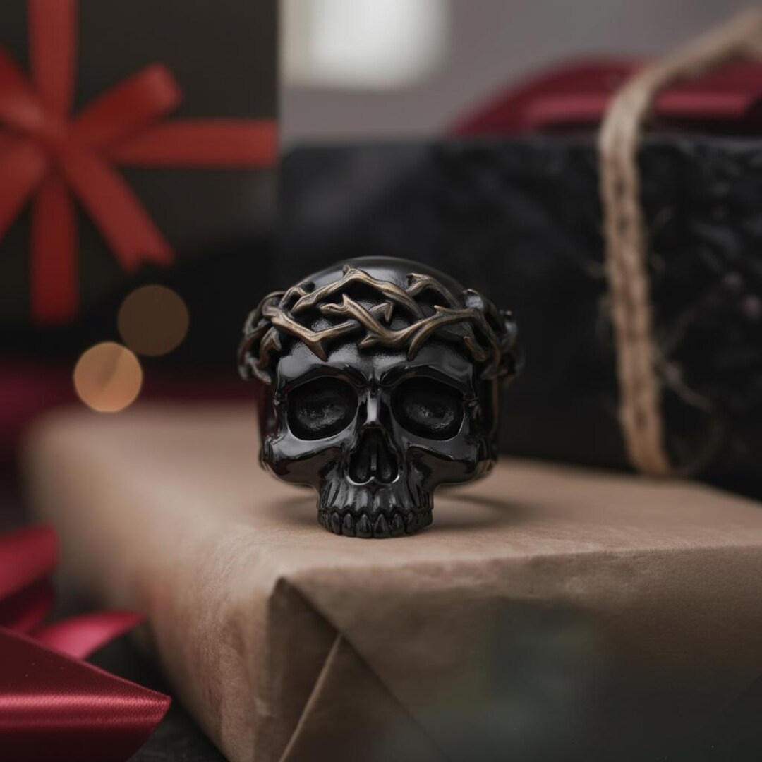 Crown of Thorns Skull Ring 925 Sterling Silver Black Rhodium Finish ...