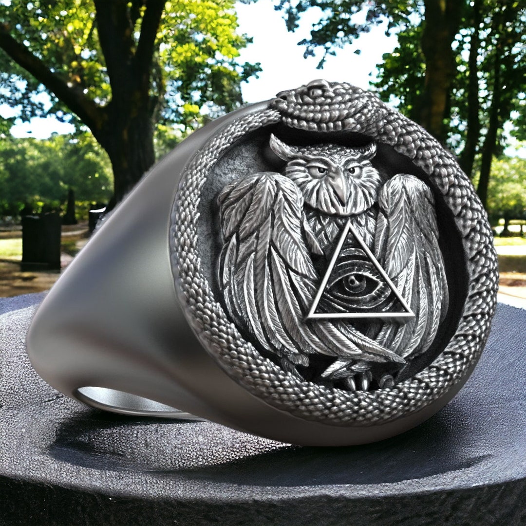 Snake Ouroboros Owl Eye of Providence Masonic Symbol Ring 925 Sterling ...