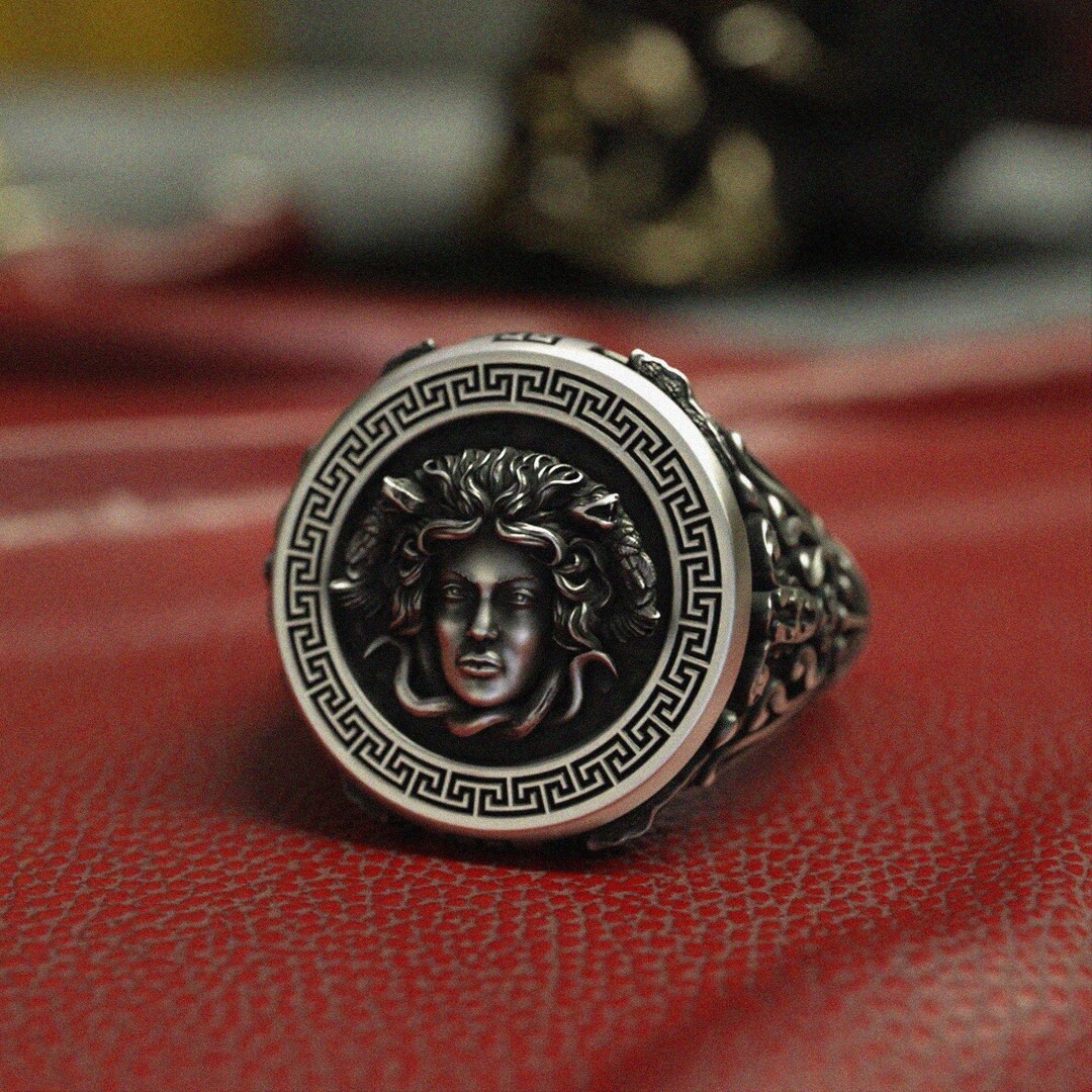 Medusa Gorgona Snake Head Greek Antique Meander Pattern Signet 925 ...