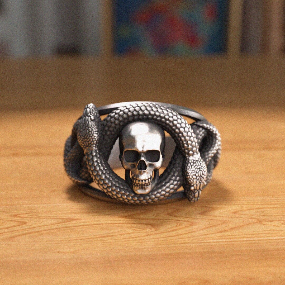 Double Headed Snake & Skull Ring, Handcrafted 925 Sterling Silver ...
