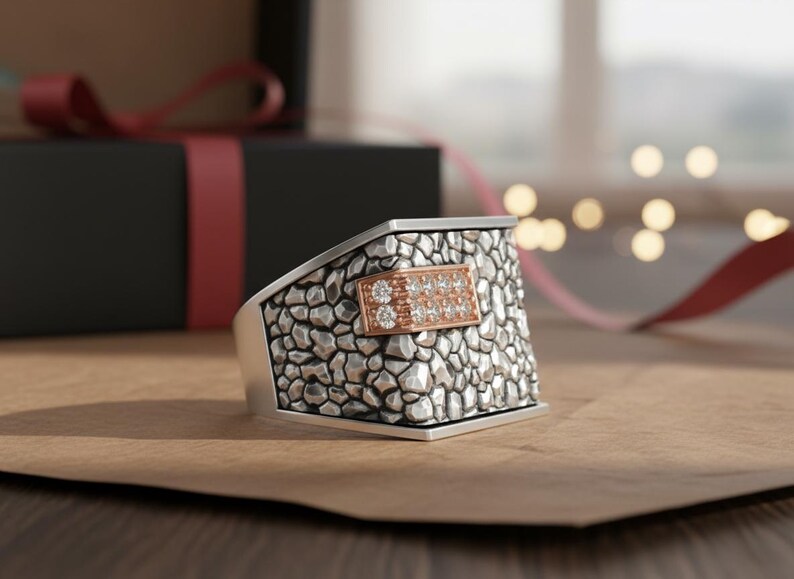 14K Gold Vermeil Nugget Ring 925 Sterling Silver Pebble Texture CZ ...