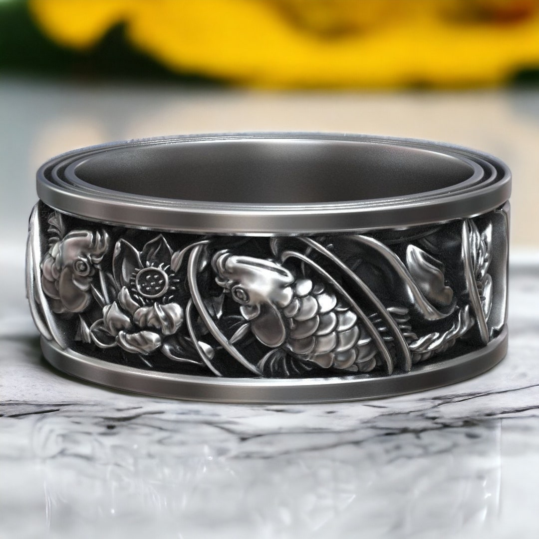 Japanese Carp Koi Fish Traditional Pattern Ring 925 Sterling Silver ...