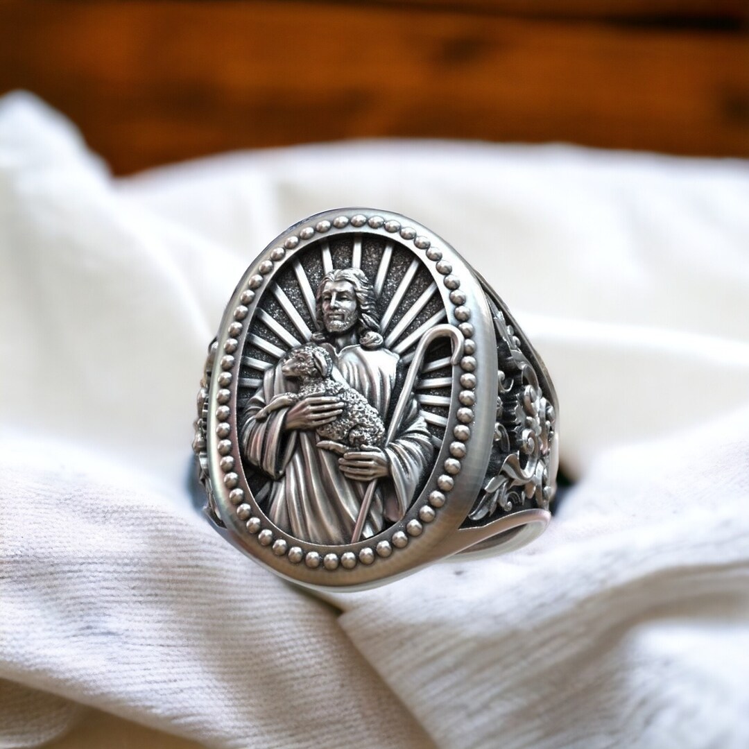 Ring Jesus Christ Holding a Lamb 925 Sterling Silver Adjustable Unique ...