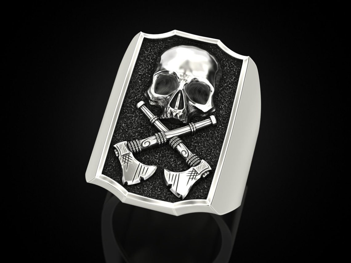 Skull and Axes Handmade Signet Ring for Men, Sterling Silver Skull ...