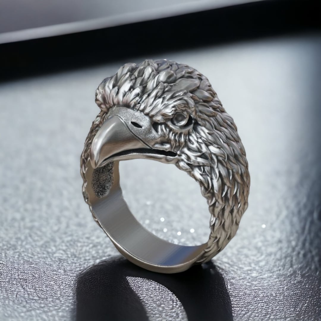 Mens Ring Eagle Hawk Falcon Head 925 Sterling Silver Adjustable Unique ...