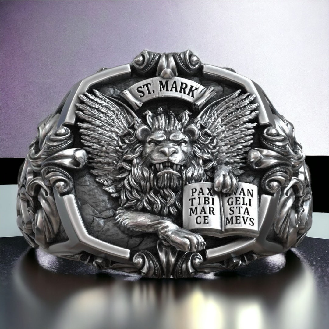 Saint Mark Lion Evangelist Cross Pattern Signet 925 Sterling Silver ...