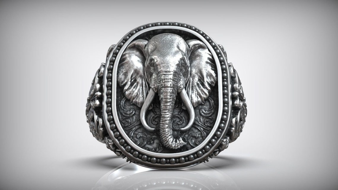 Elephant Head Antique Pattern Men Signet 925 Sterling Silver Ring ...