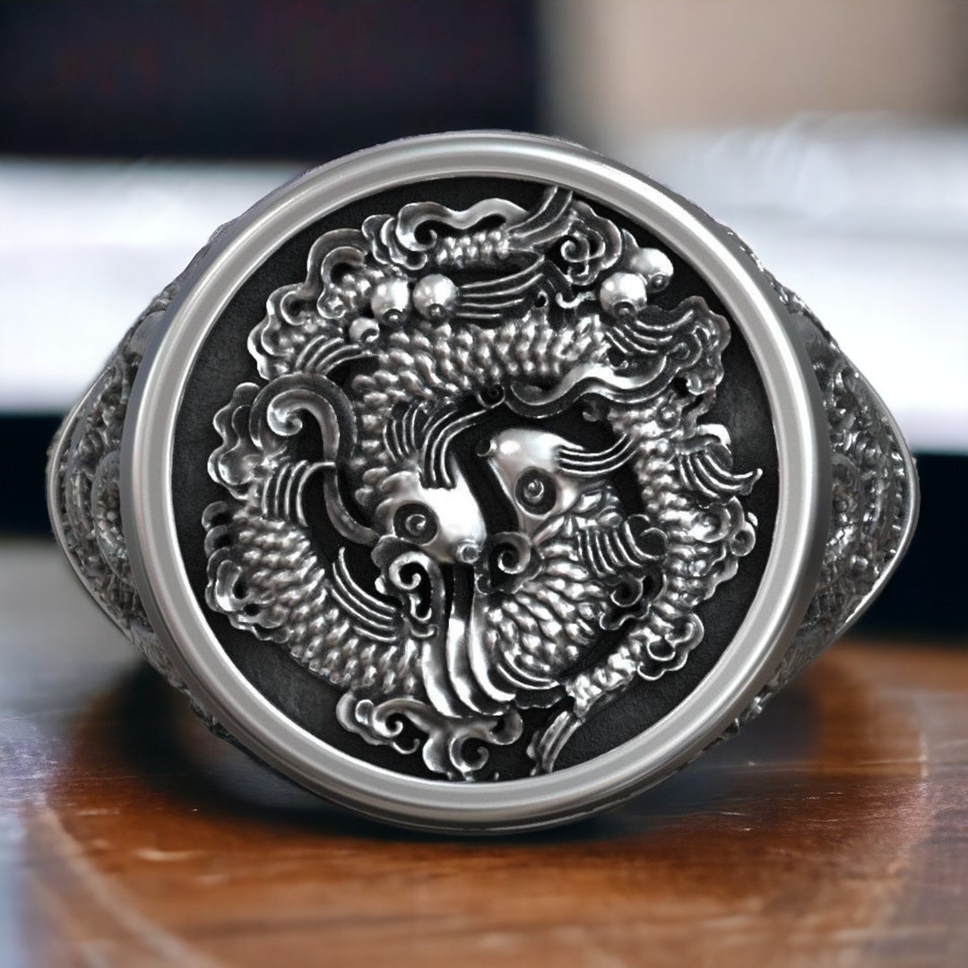 Chinese River Fish Traditional Pattern Man Ring 925 Sterling Silver ...