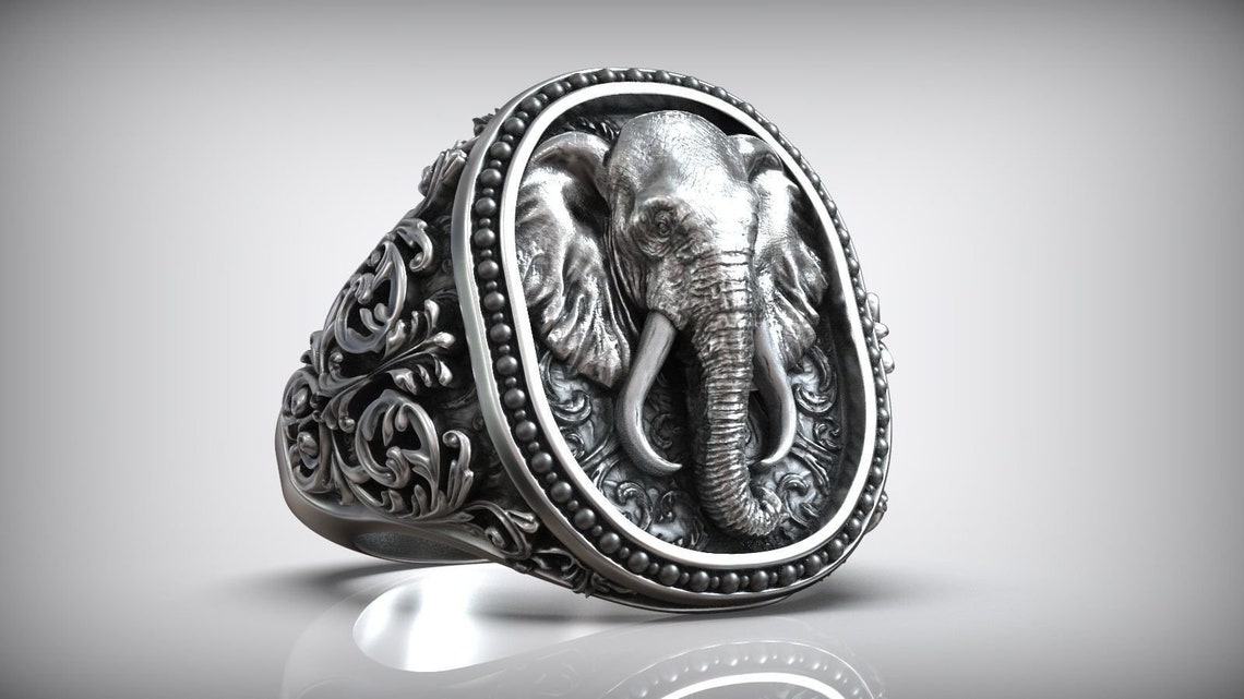 Elephant Head Antique Pattern Men Signet 925 Sterling Silver Ring ...