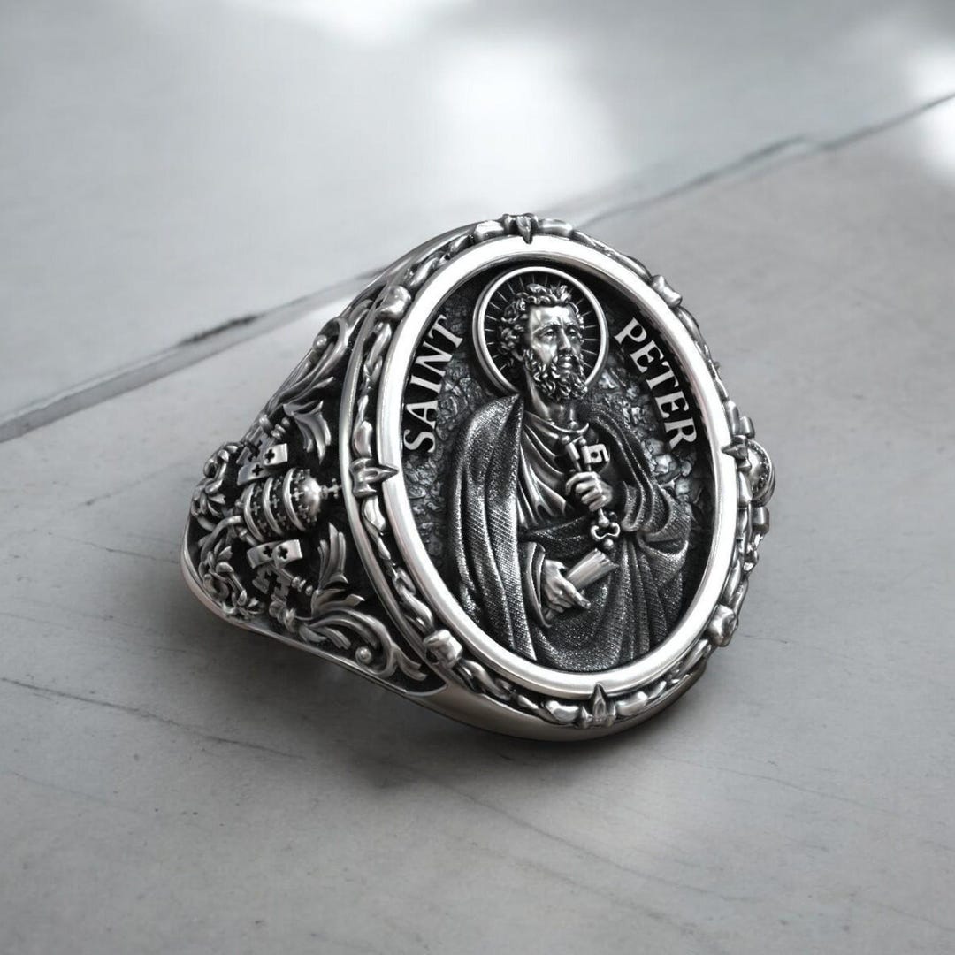 Saint Peter Apostle Keys to Heaven Shield Christian Signet Ring, 925 ...