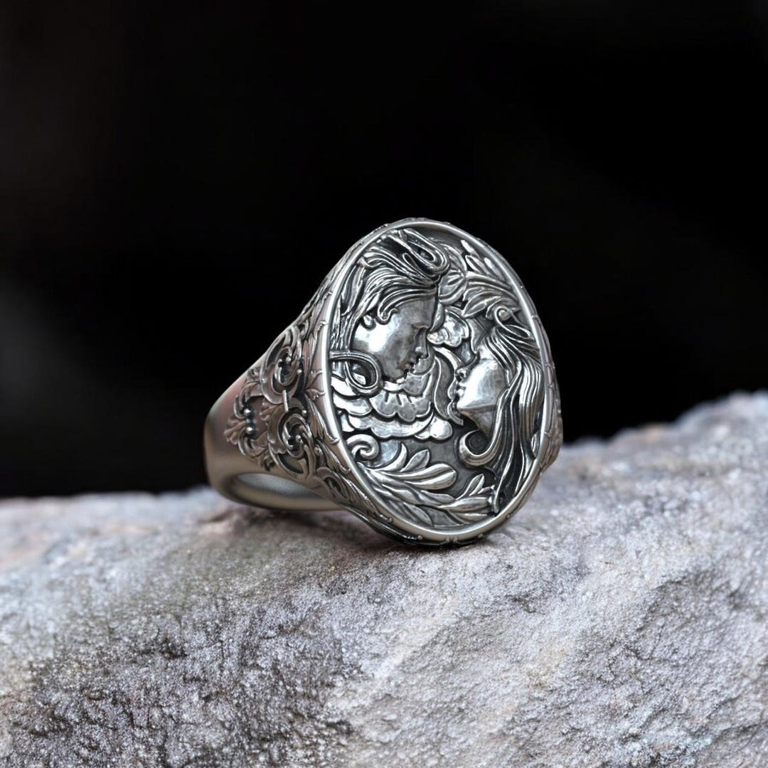 Ring With Faces of Woman and Man Floral Pattern 925 Sterling Silver ...