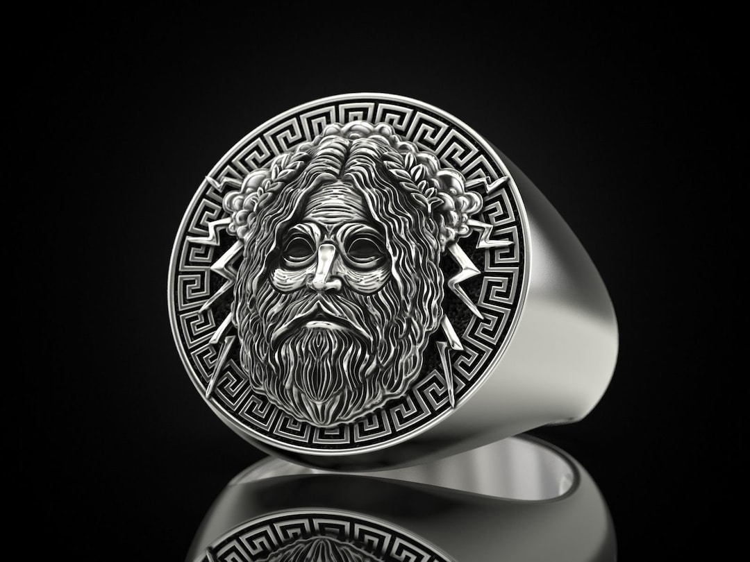 Zeus Mens Pinky Signet Ring in Silver, Ancient Greek Mythology Meander ...