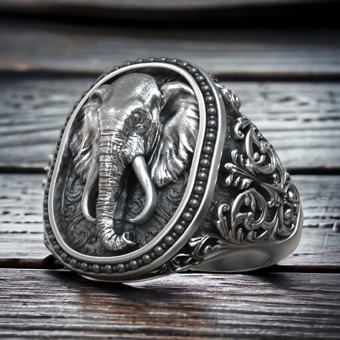 Elephant Head Antique Pattern Men Signet 925 Sterling Silver Ring ...