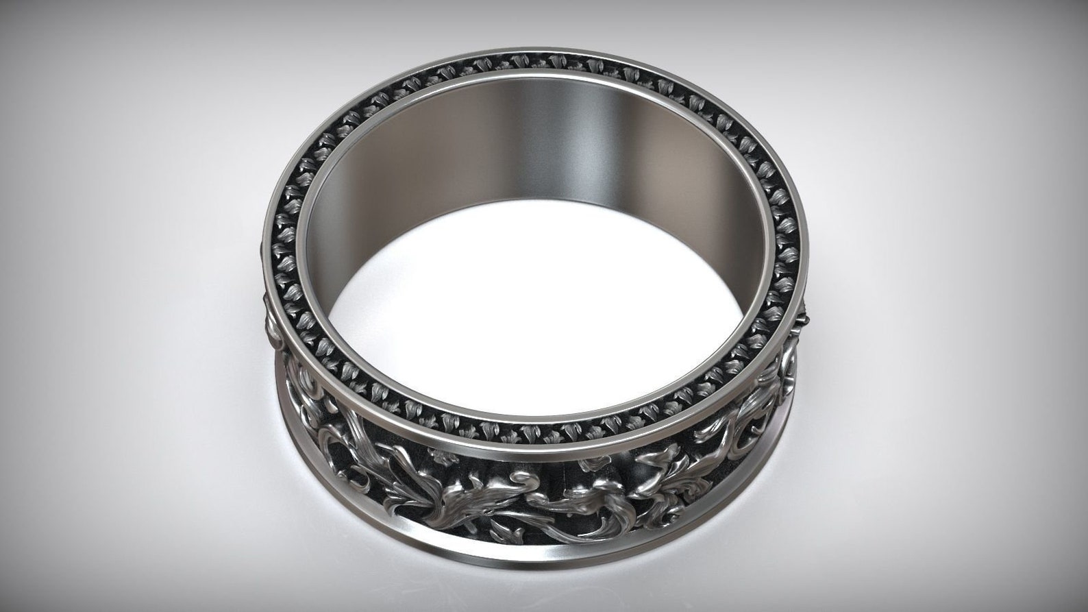 Royal Carved Rococo Ornament Wedding Band 925 Sterling Silver ...