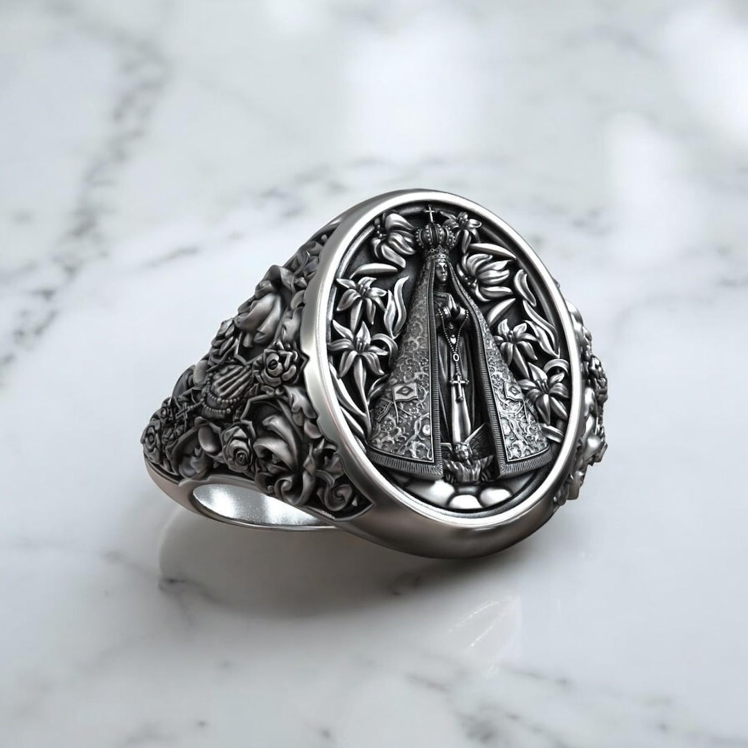 Our Lady of Aparecida Nossa Senhora Flowers Christian Ring 925 Sterling ...