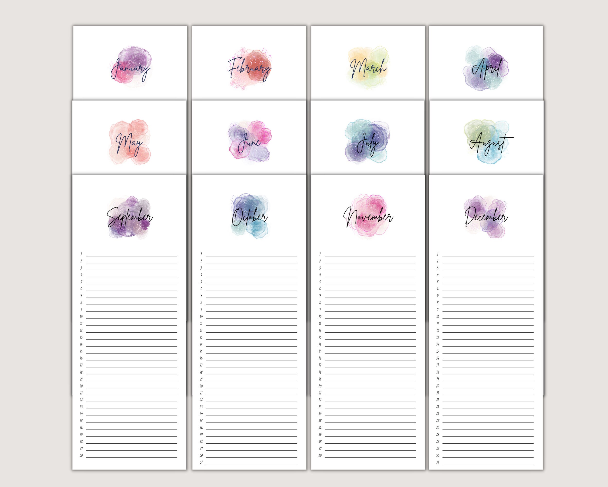 Whimsical Watercolor Splash-hemed Printable Perpetual Calendar: Undated ...
