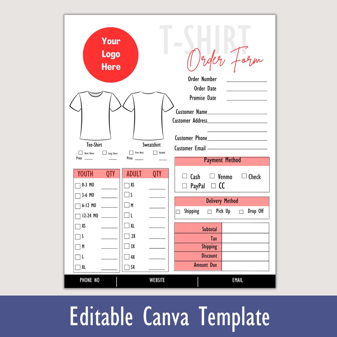 Editable Tshirt Order Form I Printable Small Business Order Form I ...