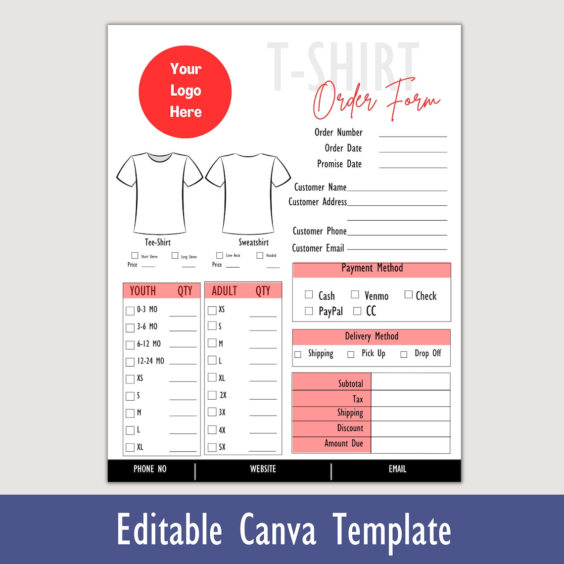 Editable Tshirt Order Form I Printable Small Business Order Form I ...