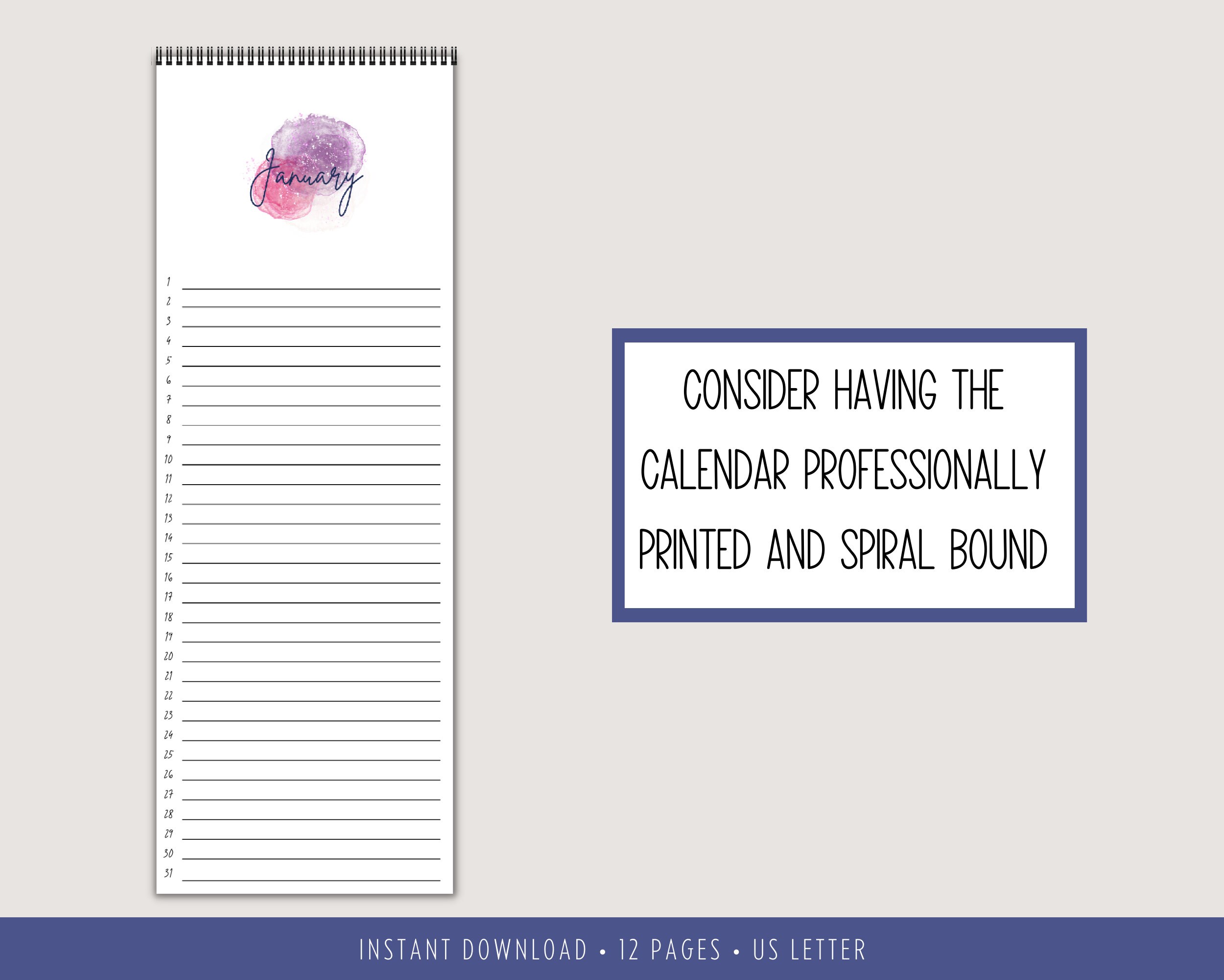 Whimsical Watercolor Splash-hemed Printable Perpetual Calendar: Undated ...