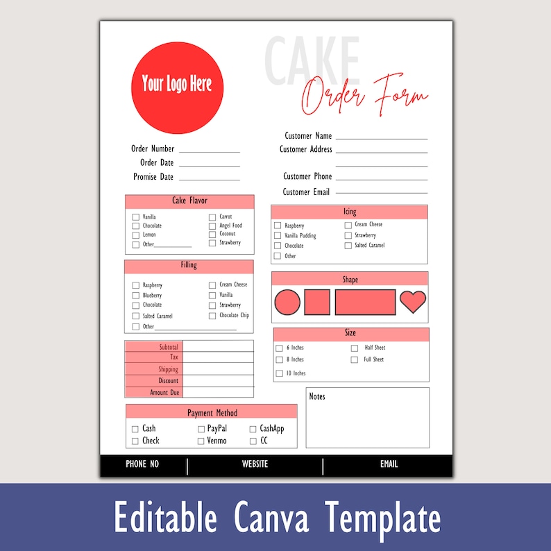 Editable Cake Order Form I Printable Small Business Order Form I Custom ...