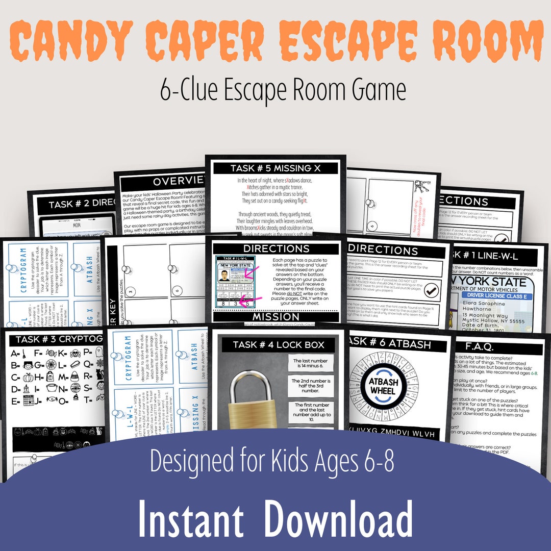 Halloween Escape Room I 6 Clue Escape Room for Kids I Candy Caper ...