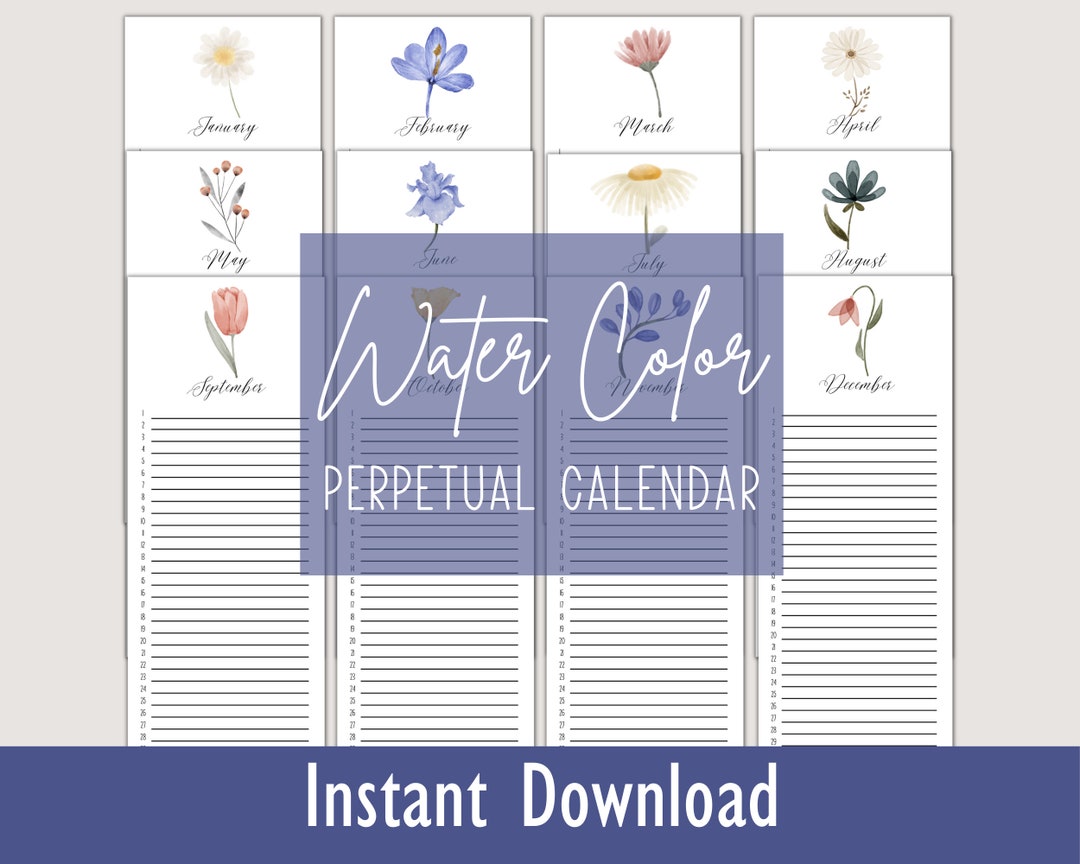 Whimsical Watercolor Flower-themed Printable Perpetual Calendar ...