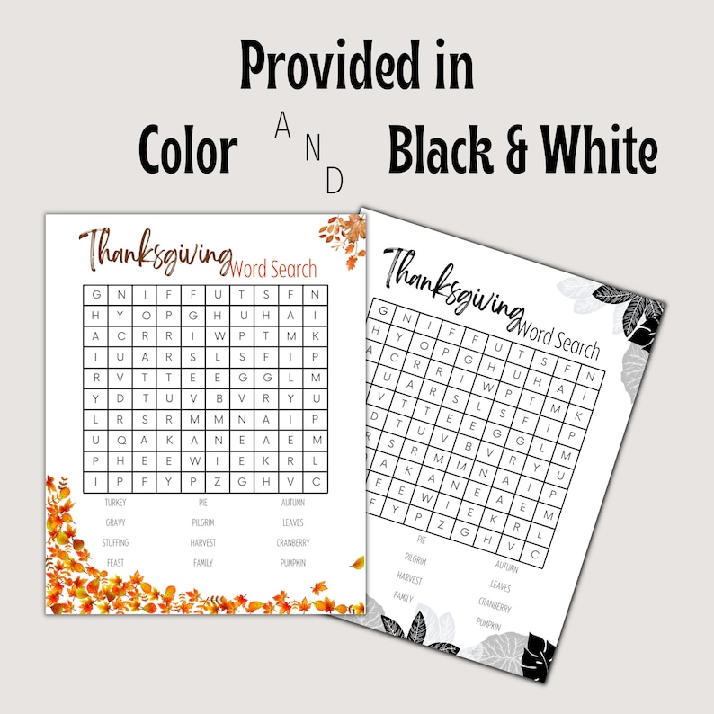 Thanksgiving-themed Word Search Puzzle Printable: Available in Color ...