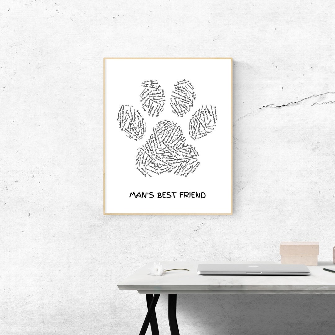 Man's Best Friend Dog Breeds Word Cloud Paw Print | Printable Poster ...